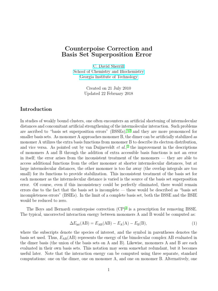 Counterpoise Correction and Basis Set Superposition Error | Download Free PDF | Theoretical ...