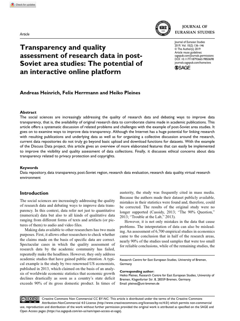 Heinrich Et Al 2019 Transparency and Quality Assessment of Research Data in Post Soviet Area ...