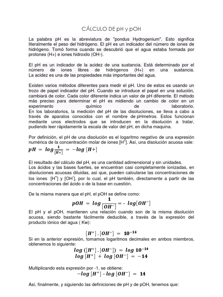 Guía de Cálculo de pH y pOH | PDF | Ph | Química