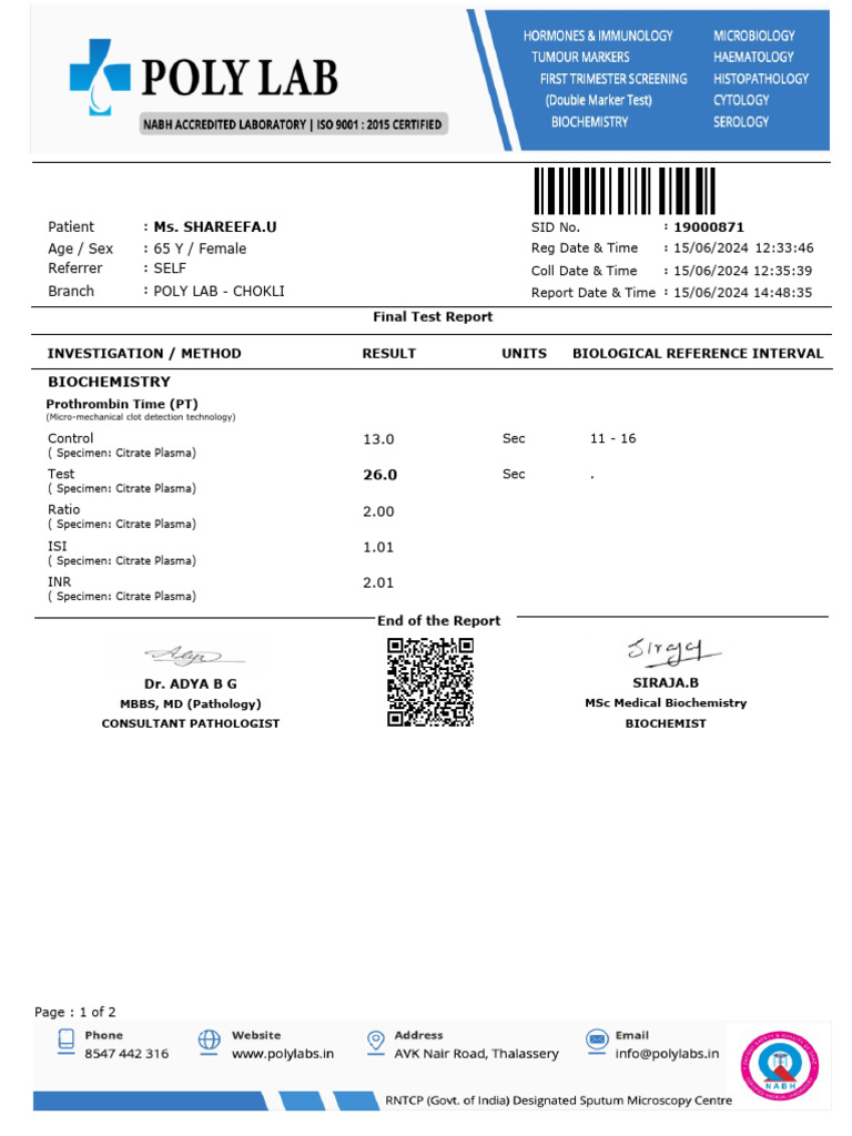 Ms. Shareefa.U: 65 Y / Female: Self: Poly Lab - Chokli: Patient Age ...