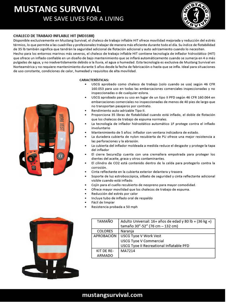 FICHA TÉCNICA DE CHALECO PRESURIZABLE Mustang Survival | PDF
