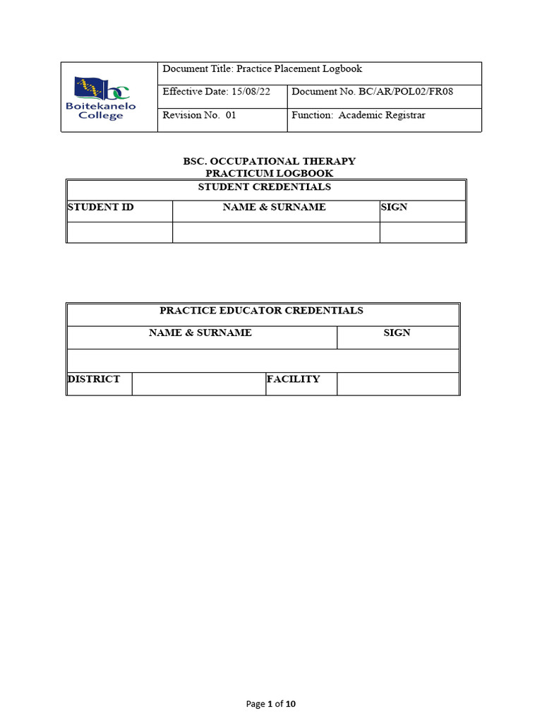 OT Summarized Logbook | PDF | Occupational Therapy | Health Care