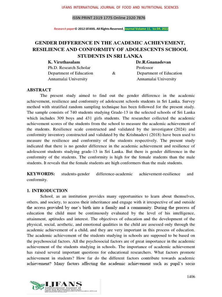 paper-1 gender difference | PDF | Psychological Resilience | Survey Methodology