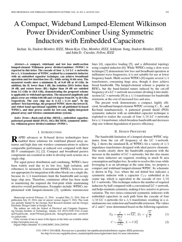 read190308-MWCL2016 A Compact, Wideband Lumped-Element Wilkinson | PDF | Inductor | Capacitor