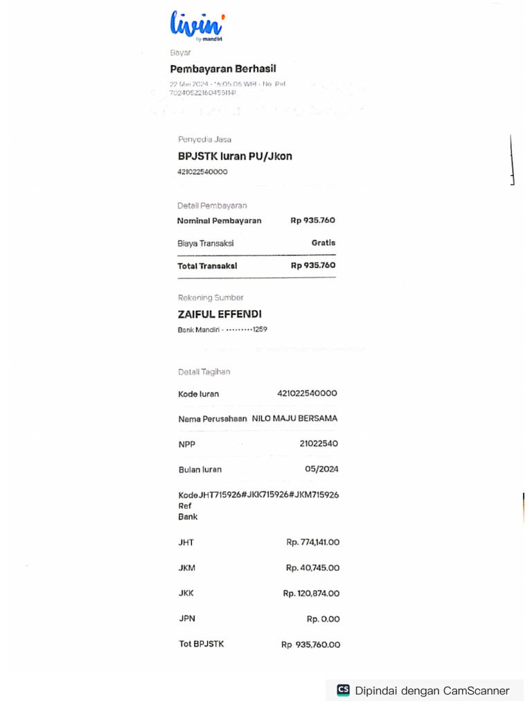 Bukti Bayar BPJS Nilo Maju Bersama | PDF