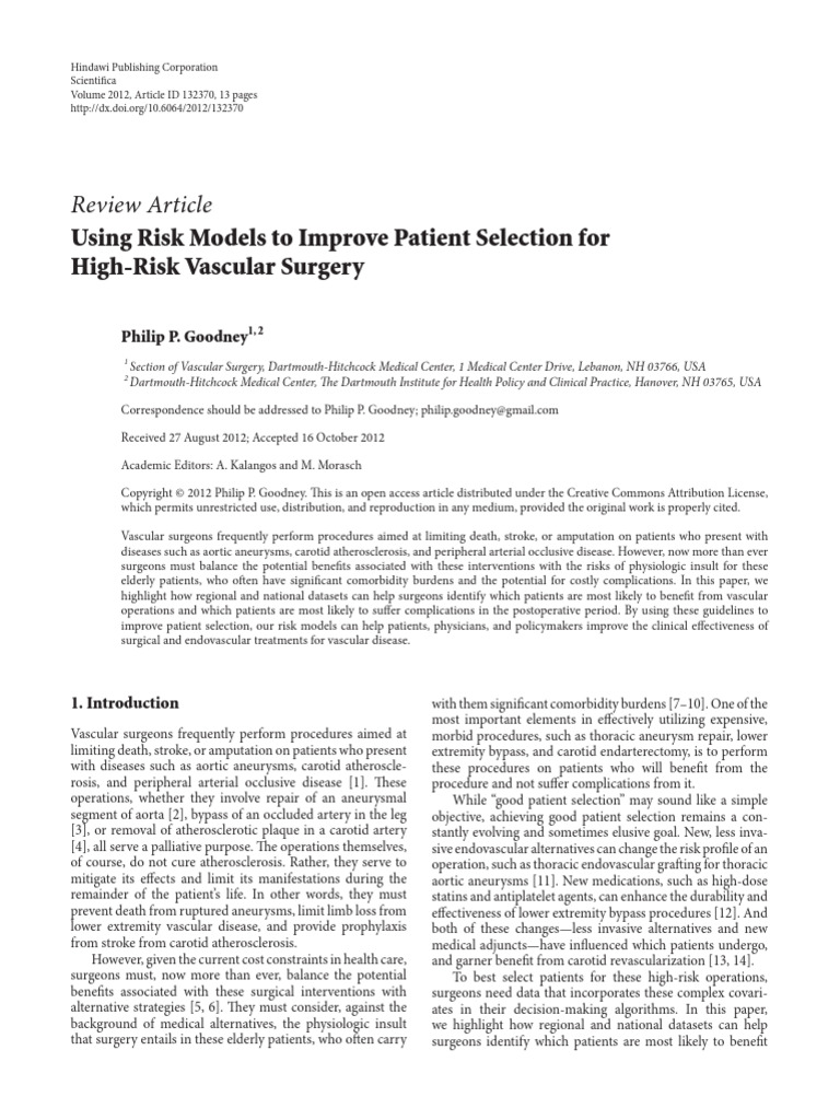 Using Risk Models To Improve Patient Selection For High Risk Vascular