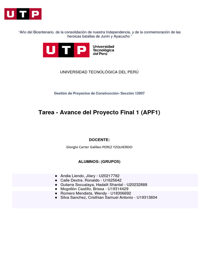 Tarea - Avance Del Proyecto Final 1 (APF1) | PDF | Presupuesto | Calidad (comercial)