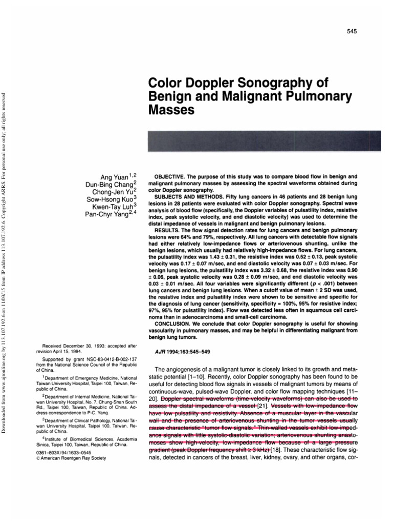Yuan 1994 Doppler in Malignant vs Benign Pulmo Mass | PDF | Clinical Medicine | Medical Specialties
