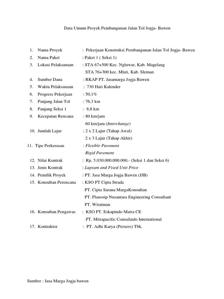 Data Umum Proyek Jalan Tol Jogja Bawen | PDF