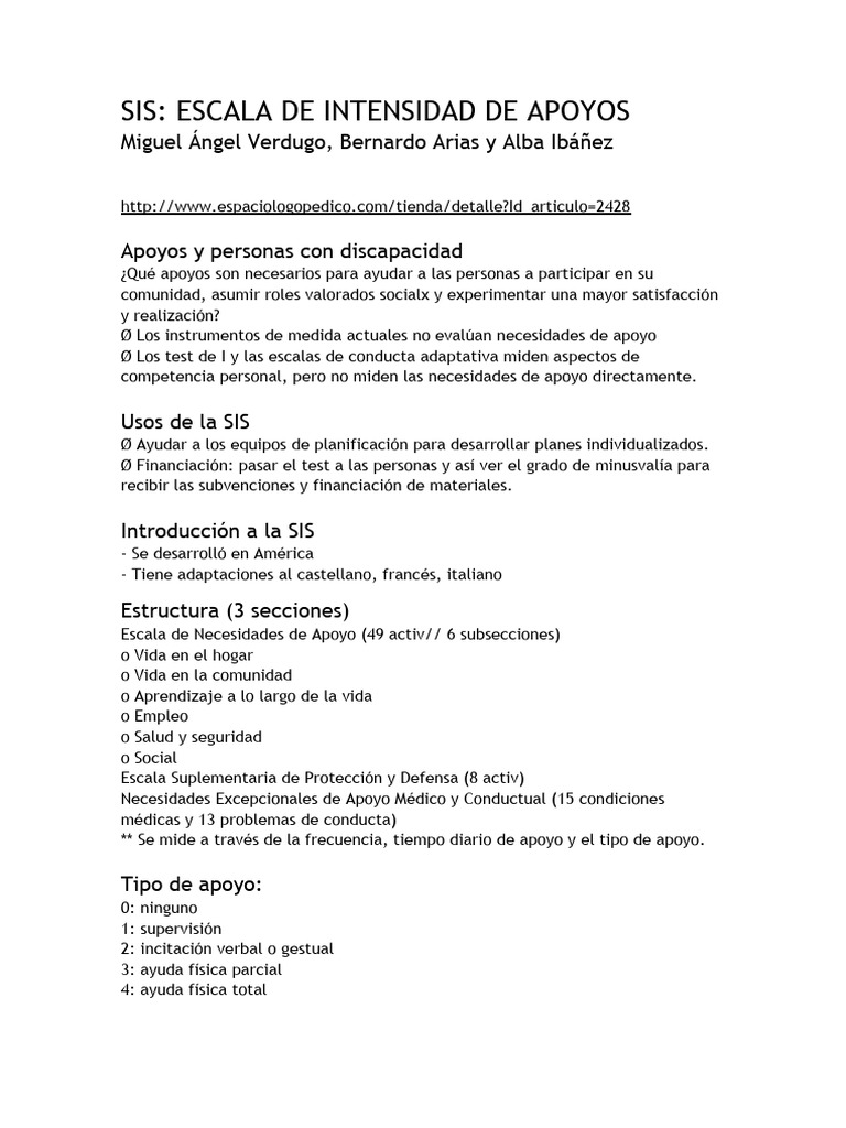 Escala SIS: Evaluación de Apoyos Necesarios | PDF | Invalidez ...