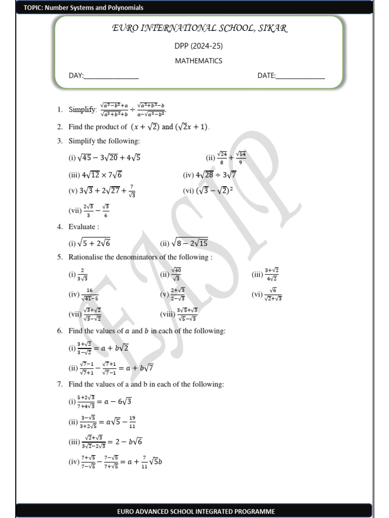G9, Mathematics, Summer Assignment 2024-25 | PDF | Factorization | Polynomial