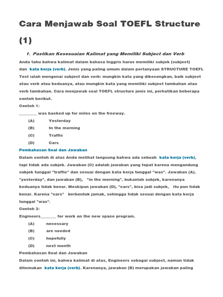 Cara Menjawab Soal TOEFL Structure | PDF