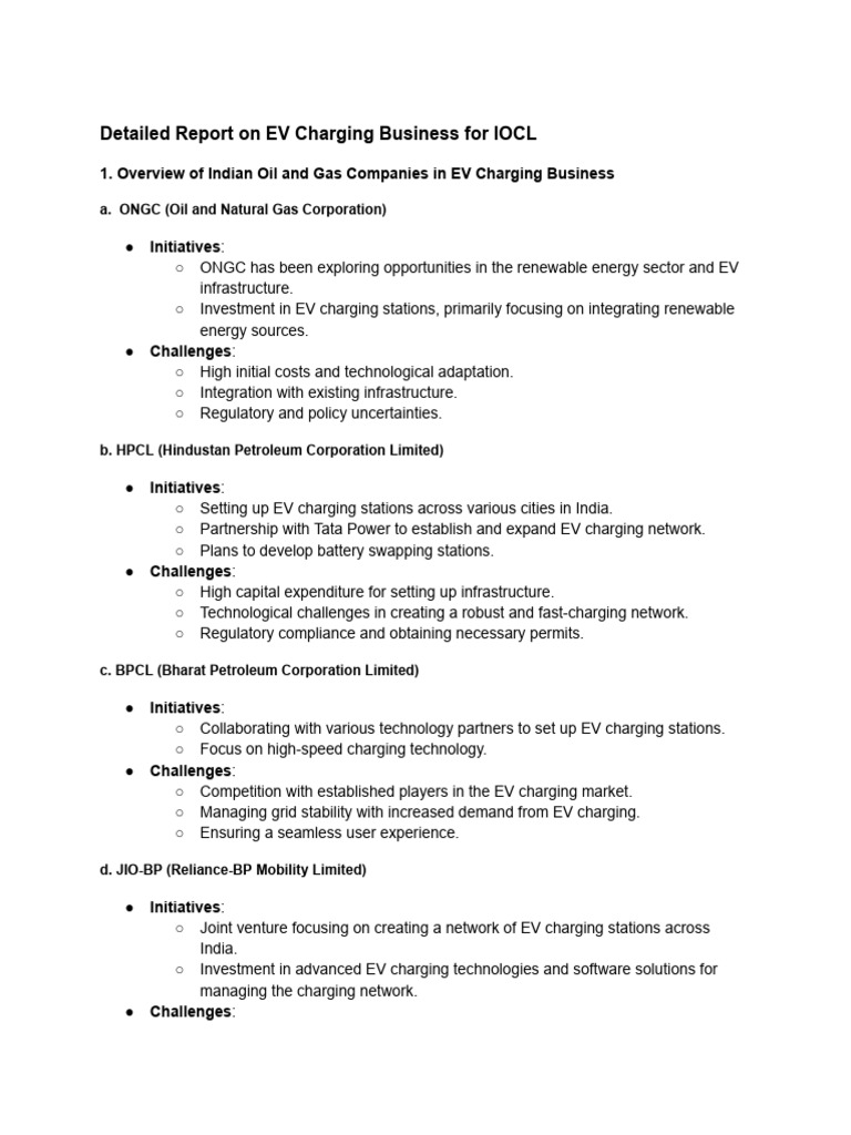 Detailed Report On EV Charging Business For IOCL | PDF | Electric ...