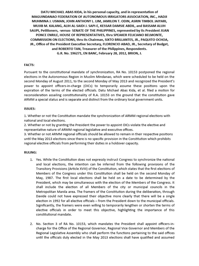 DATU MICHAEL ABAS KIDA vs. SENATE | PDF | Presidents Of The United ...