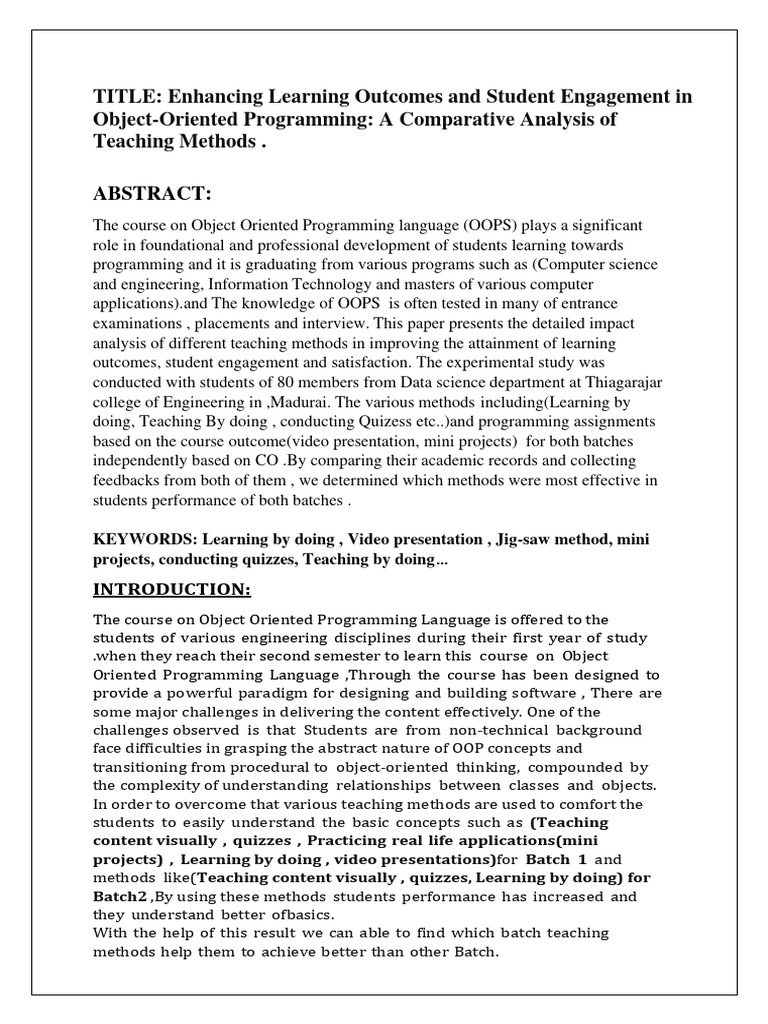 Enhancing Learning Outcomes and Student Engagement in Object-Oriented Programming: A Comparative ...