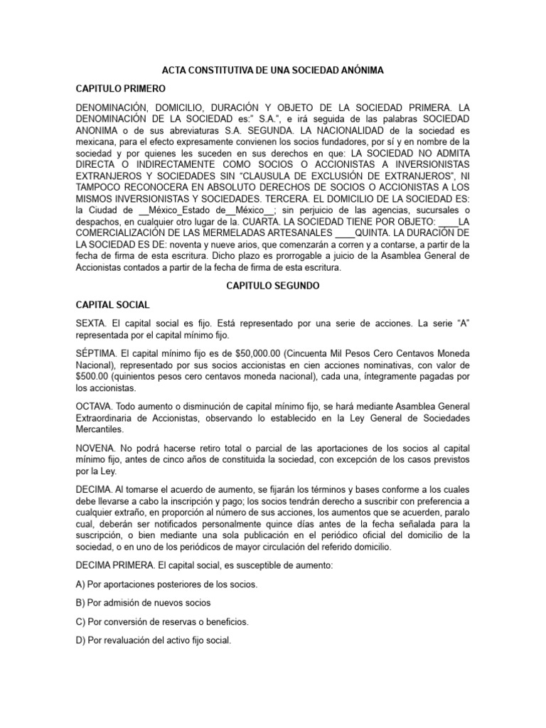 Acta Constitutiva de Una Sociedad Anónima 2 | Descargar gratis PDF | Sociedad de responsabilidad ...