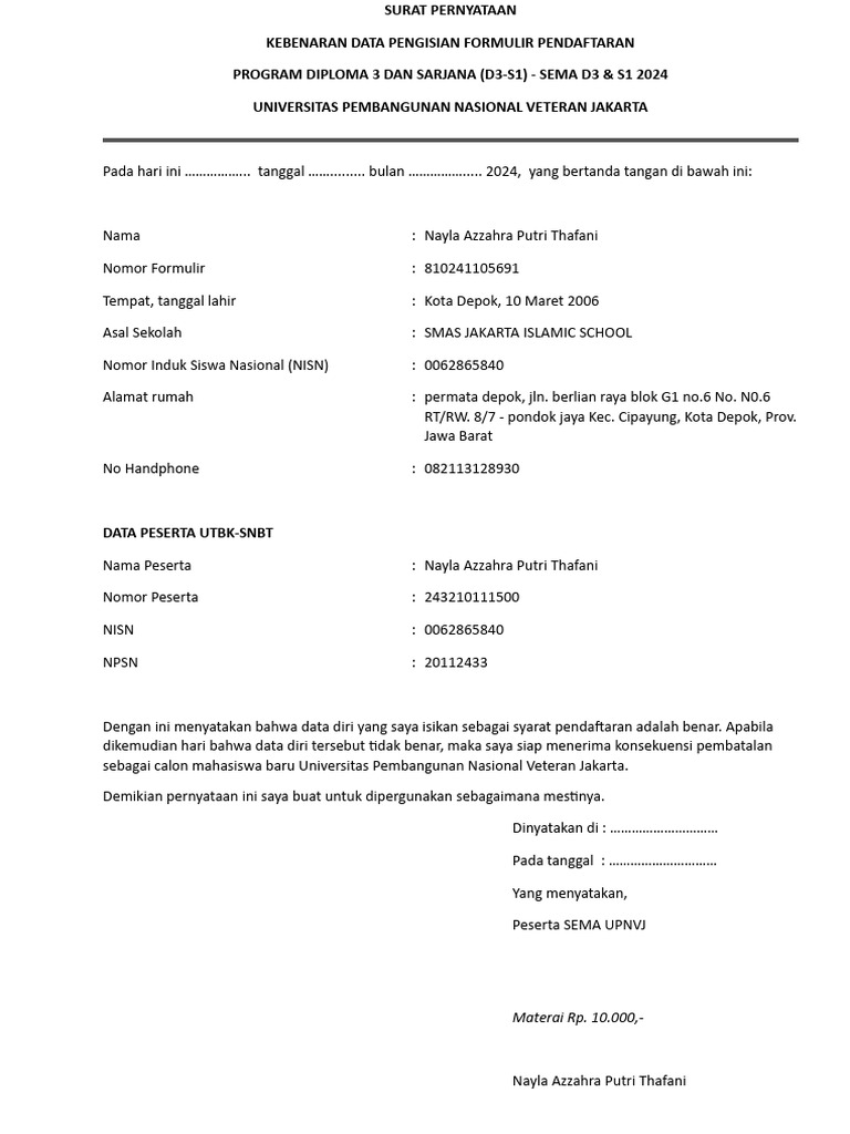Surat Pernyataan Upn 1 | PDF