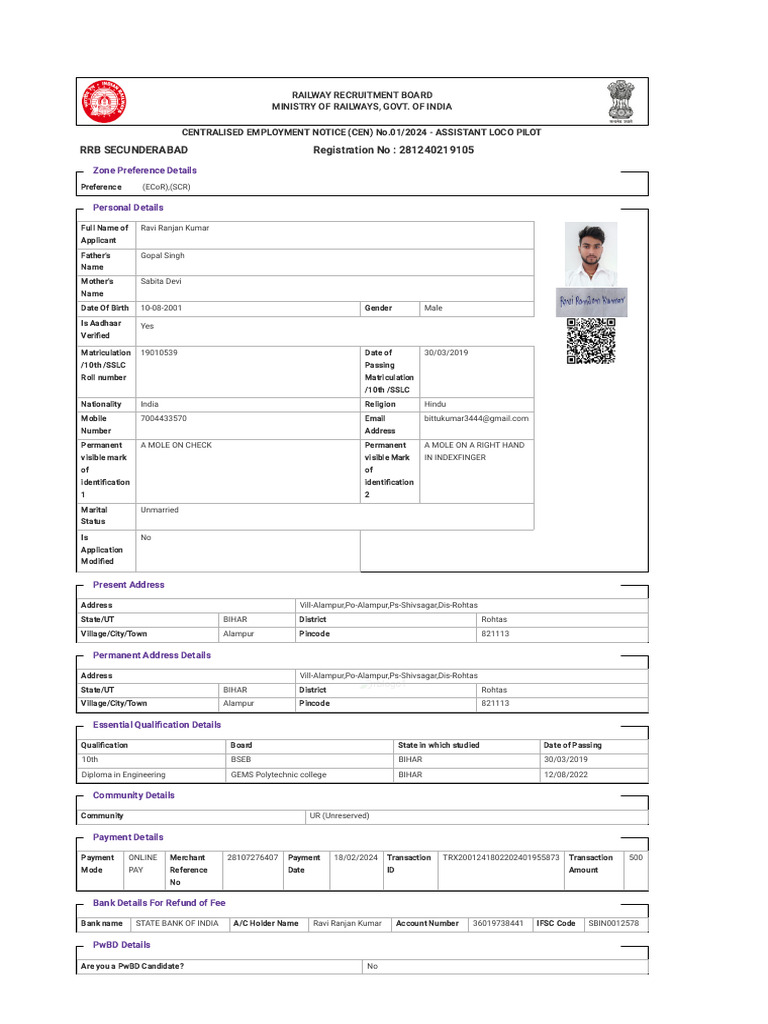 Ravi Ranjan Alp RRB Application | PDF