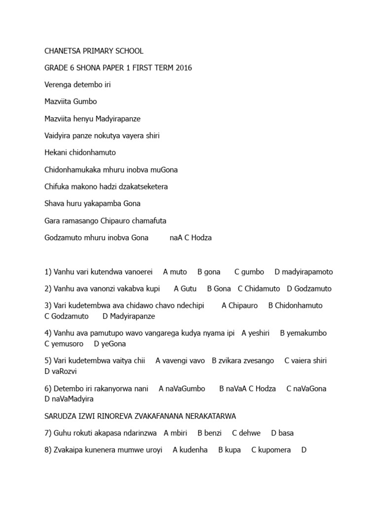 2016 Grade 6 Shona Paper 1 | PDF