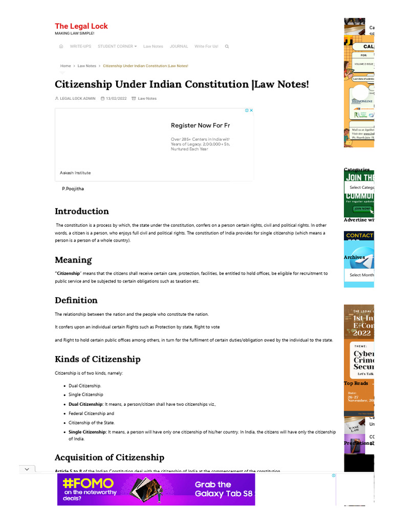 Citizenship Under Indian Constitution | PDF | International Law ...