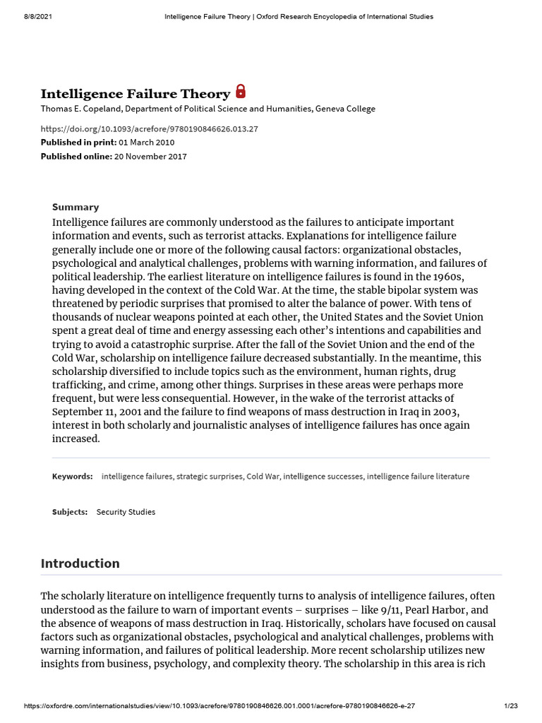 Intelligence Failure Theory Analysis | PDF | Military Intelligence | Intelligence
