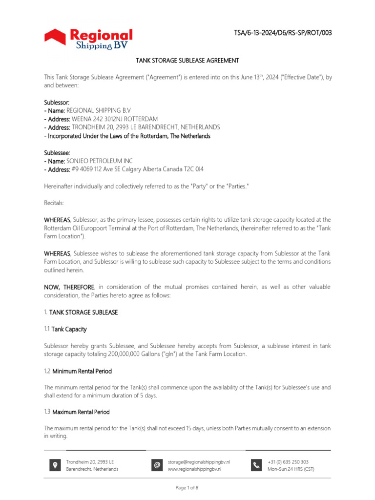 Executed Tsa - Tank Storage Agreement - d6 | PDF | Lease | Oil Tanker