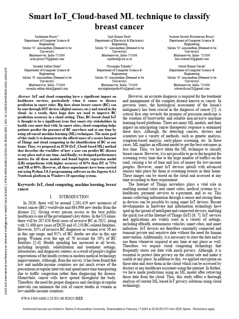 Smart IoT - Cloud-Based ML Technique To Classify Breast Cancer | PDF ... Smart IoT - Cloud-Based ML Technique To Classify Breast Cancer | PDF ...