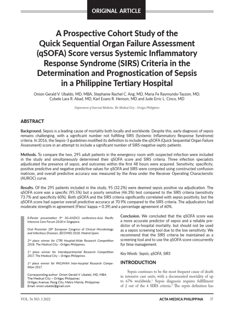 Qsofa Vs Sepsis | PDF | Sepsis | Sensitivity And Specificity