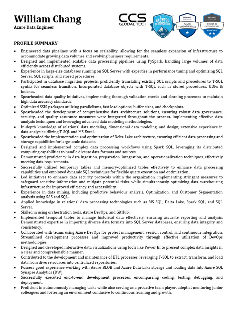 William Chang Resume Azure | PDF | Microsoft Sql Server | Databases
