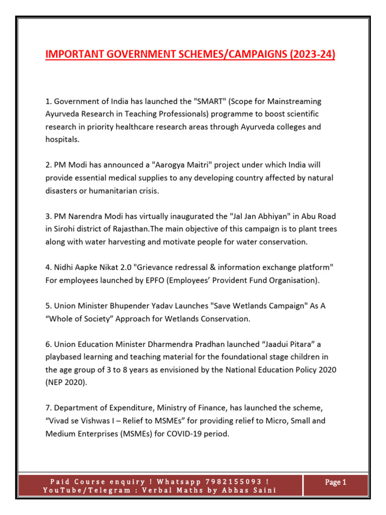Key Government Schemes 2023-24 | PDF | Wellness