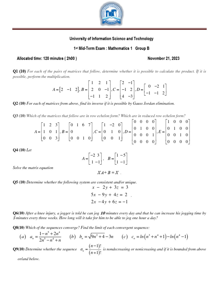 1th Mid Term Maths 1 B Group Pdf Mathematical Concepts Applied Mathematics