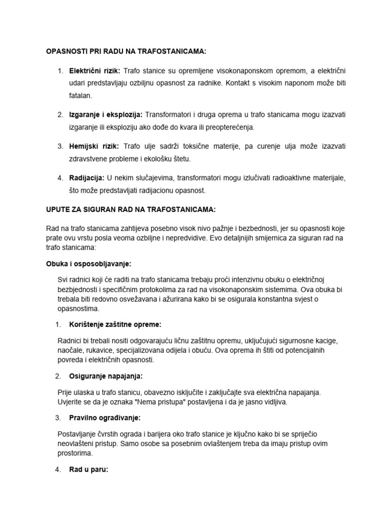 Uputstvo Za Siguran Rad Na Trafostanicama | PDF
