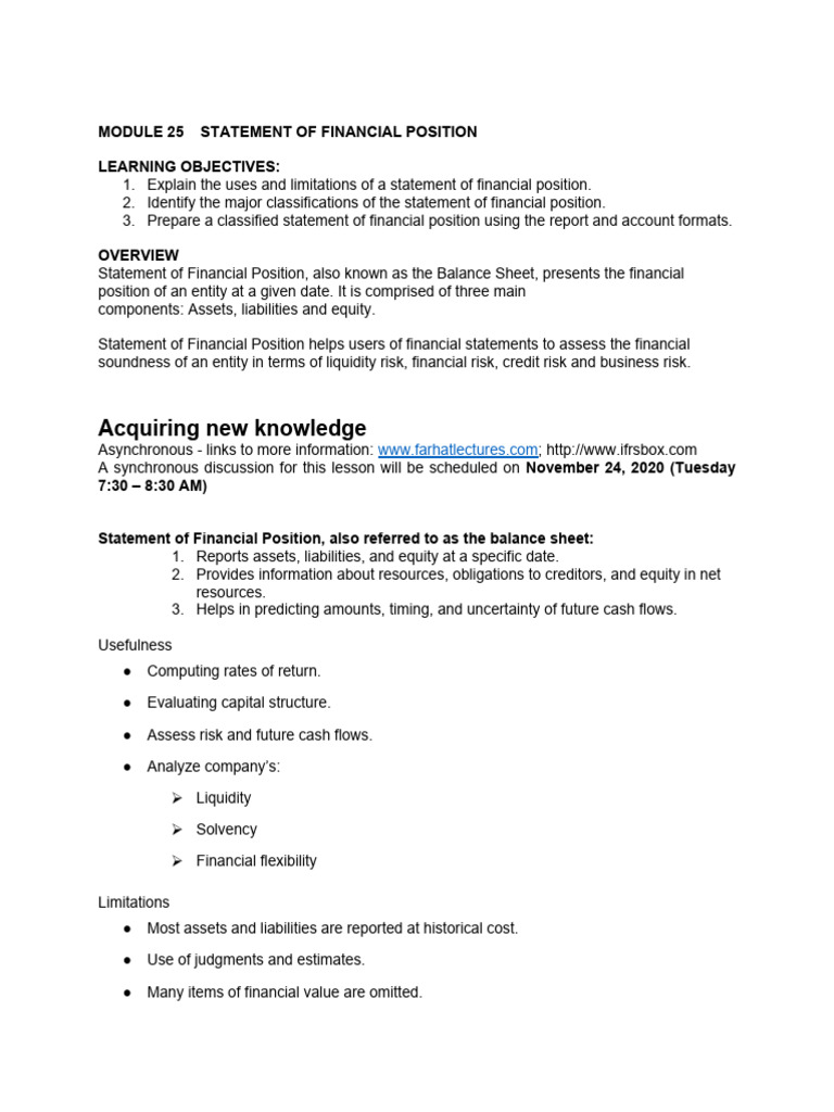 Module 25 Statement of Financial Position | PDF | Balance Sheet | Investing