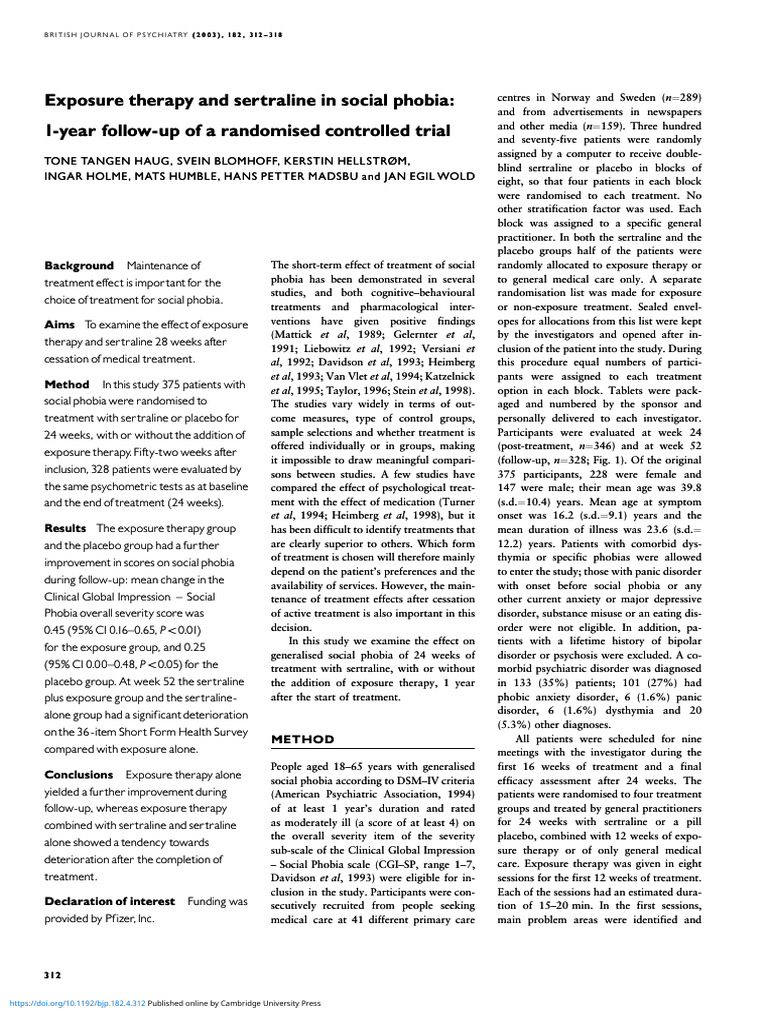 Exposure Therapy and Sertraline in Social Phobia 1 Year Follow Up of A Randomised Controlled ...