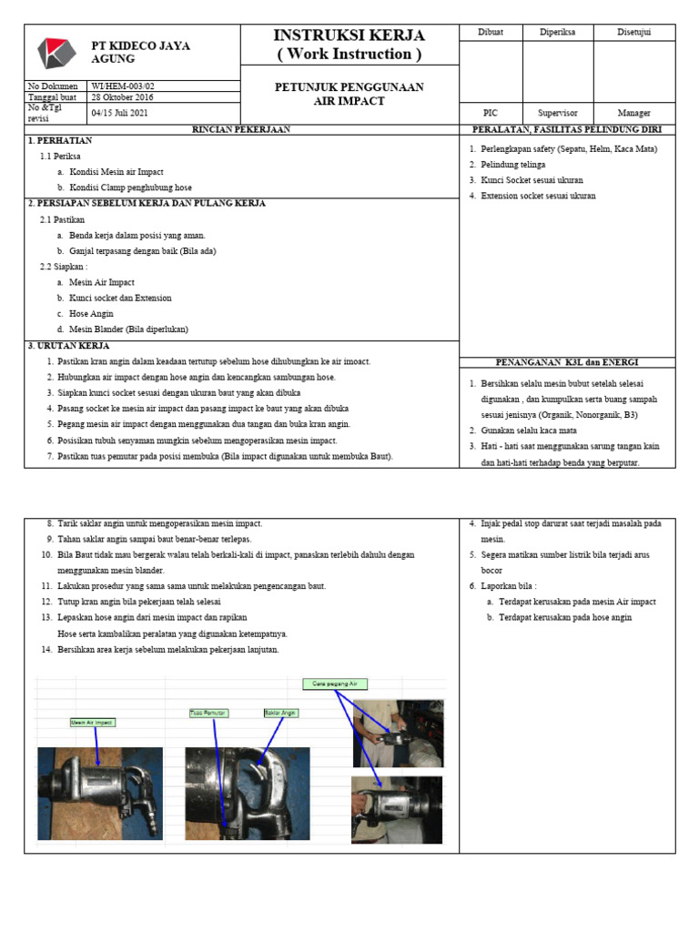 Instruksi Kerja Air Impact | PDF