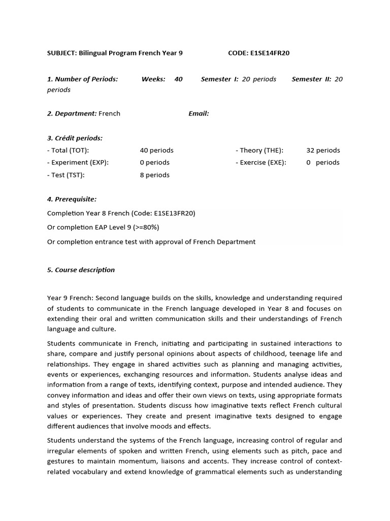 BP French Year 9 Course Outline 2022 - 2023 | PDF | Linguistics | Human ...
