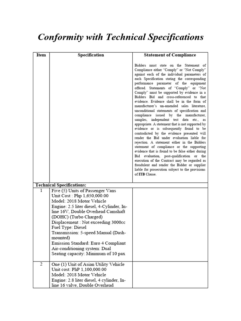 Conformity With Technical Specifications 1 | PDF | Diesel Engine | Engines