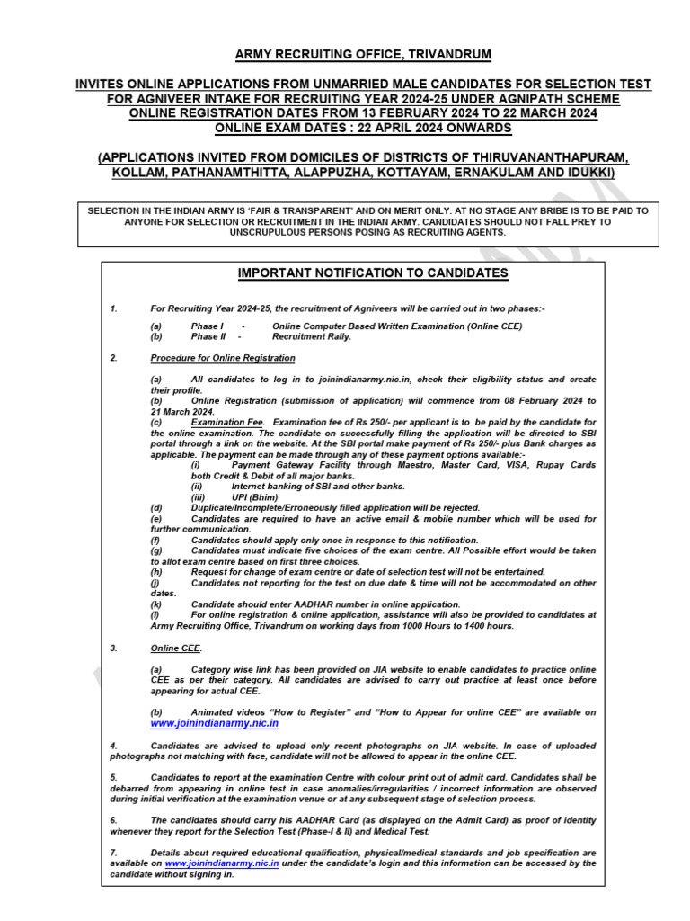 Trivandrum Army Recruitment 2024-25 | PDF