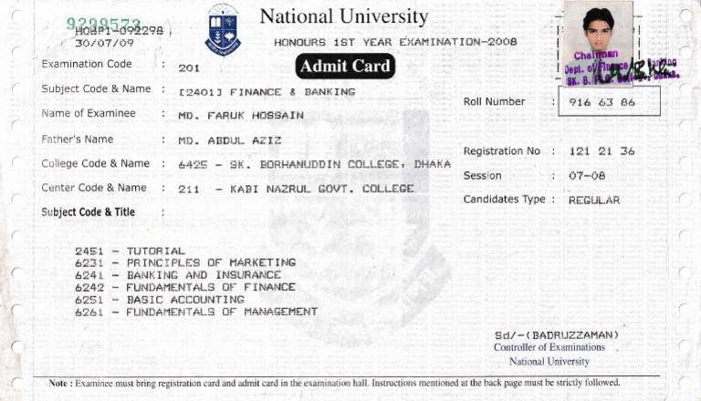 Hon's Admit Card 1st Year | PDF