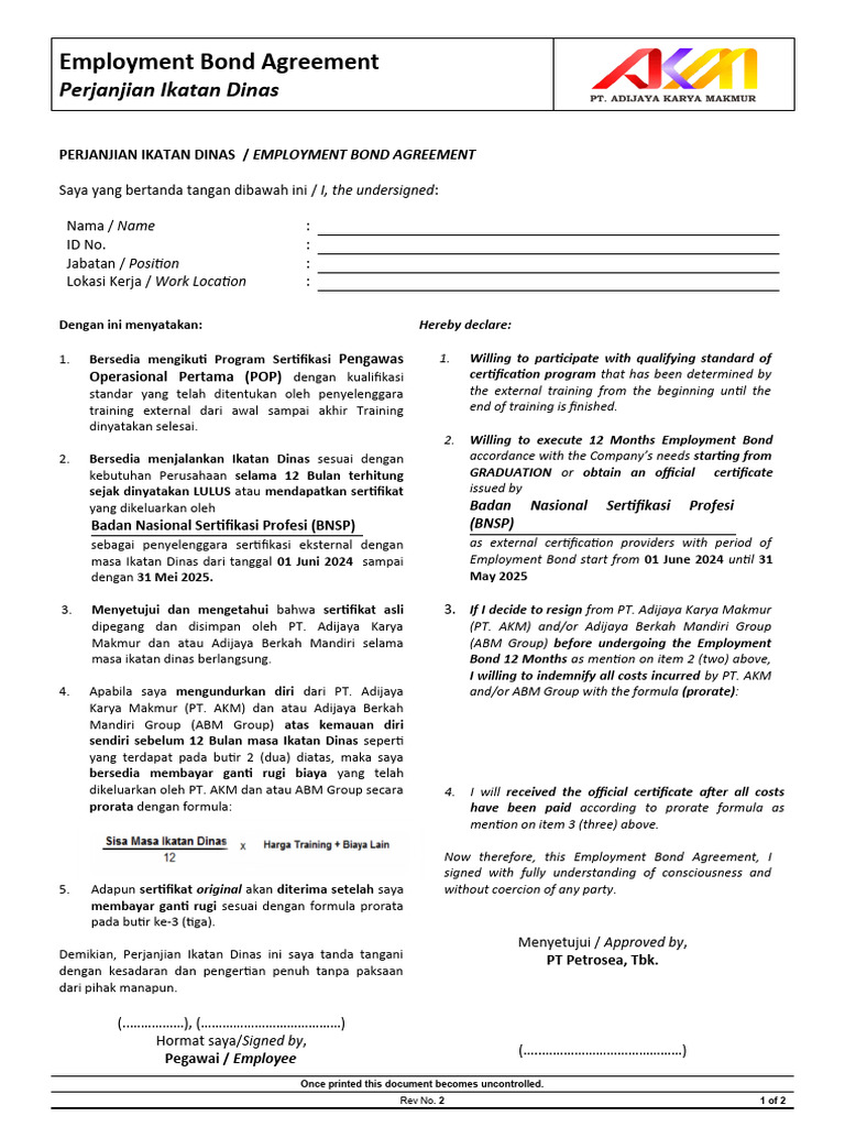 Employment Bond Agreement Draft | PDF
