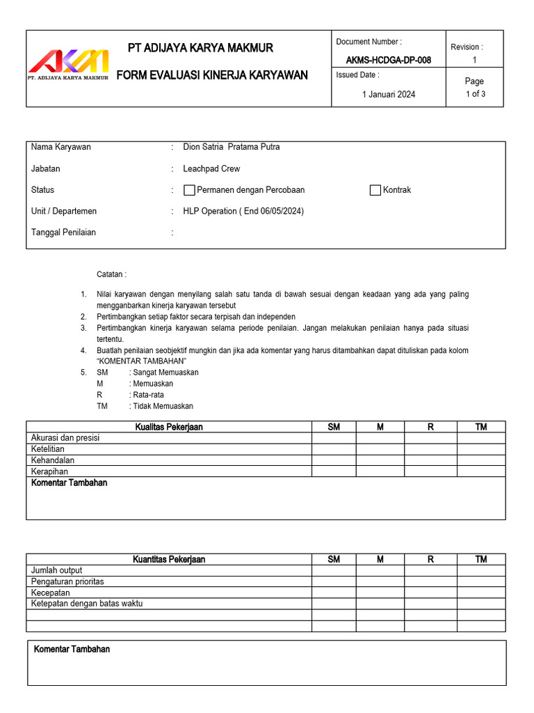 Form _Evaluasi Kinerja Karyawan Non staff - staff | PDF