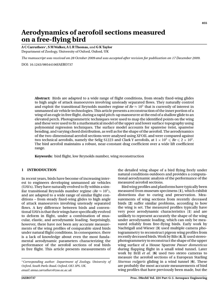15 Done carruthers-et-al-2010-aerodynamics-of-aerofoil-sections-measured-on-a-free-flying-bird | PDF