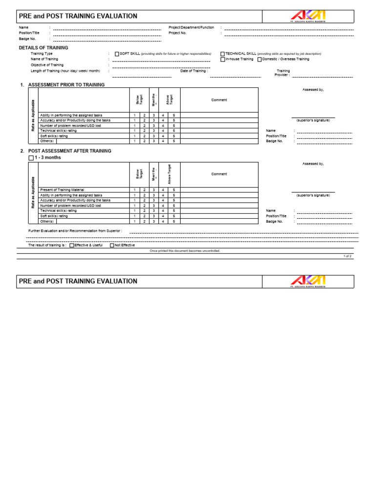PTP-HR-FO-G-0546 Pre and Post Training Evaluation | PDF | Cognition