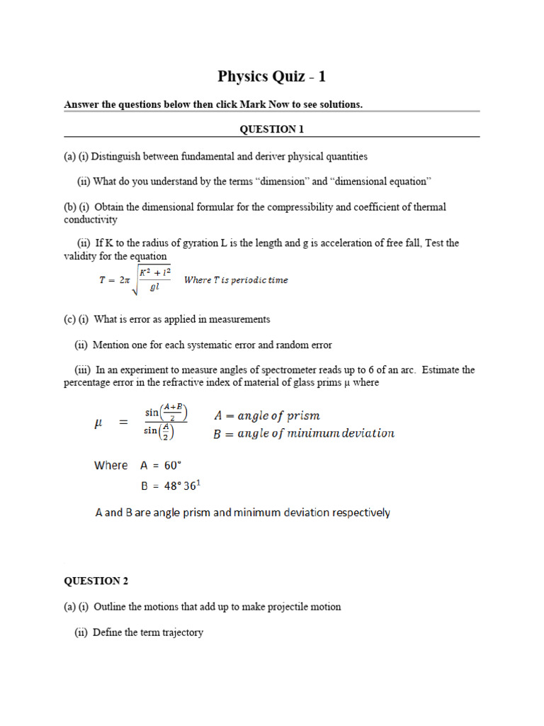 Physics Quiz - 1 | Download Free PDF | Continuum Mechanics | Classical Mechanics