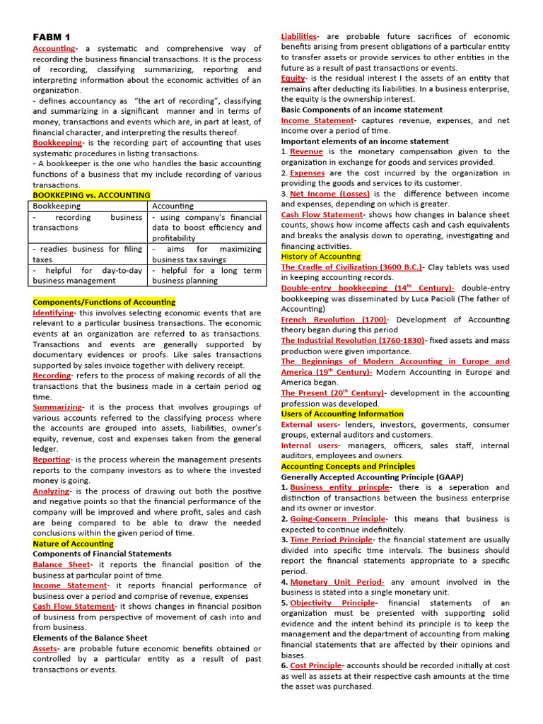 FABM 1 Reviewer | PDF | Expense | Income Statement