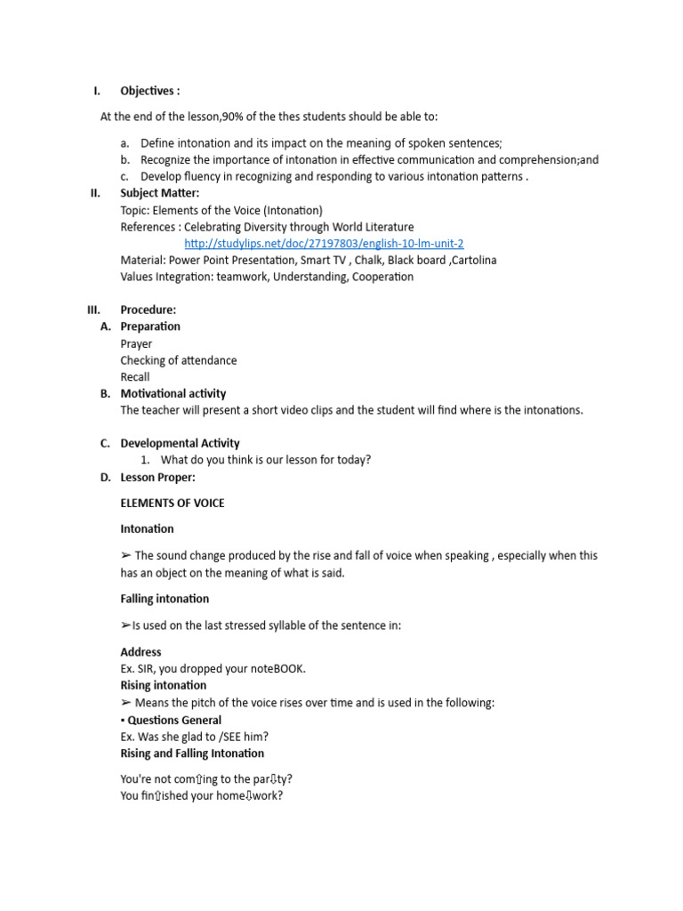 Lesson Plan (Intonation) | PDF | Stress (Linguistics) | Linguistics