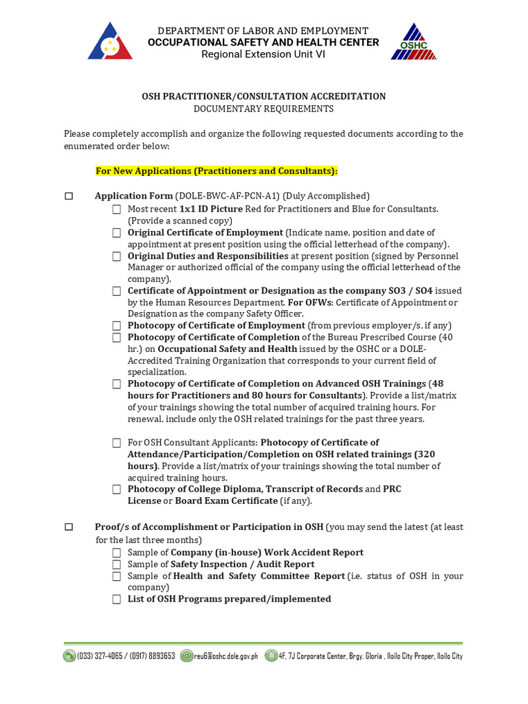 OSH Practitioner & Consultant Documentary Checklist | PDF | Occupational Safety And Health ...