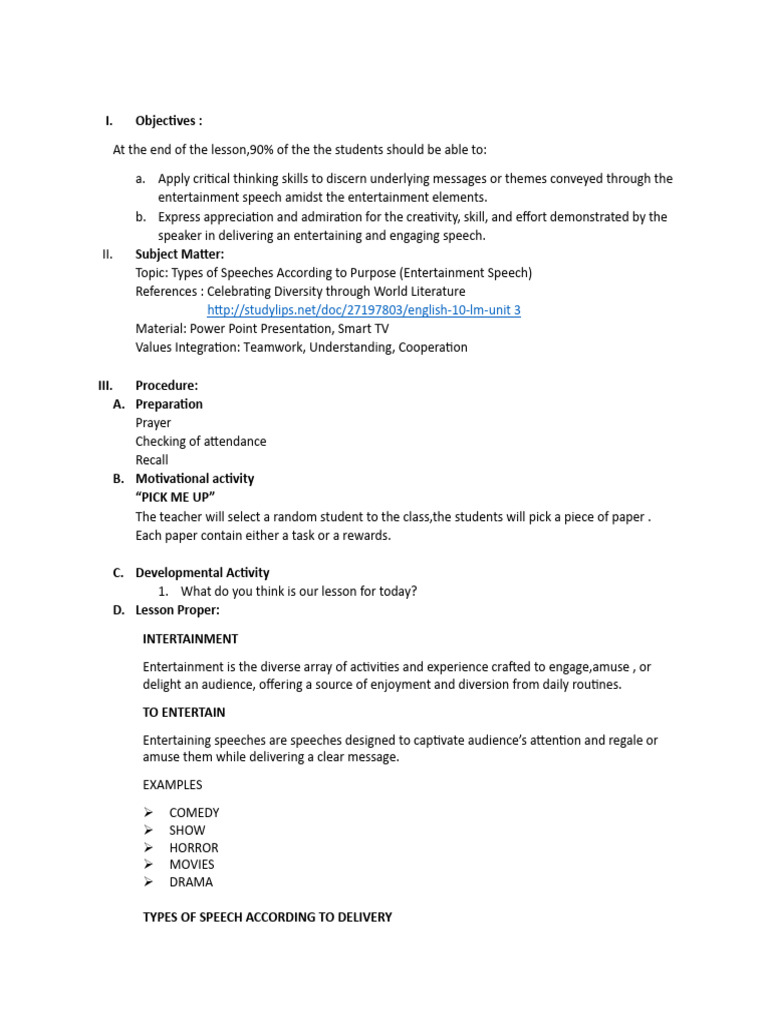 Lesson Plan (Entertainment) | PDF | Entertainment | Public Speaking