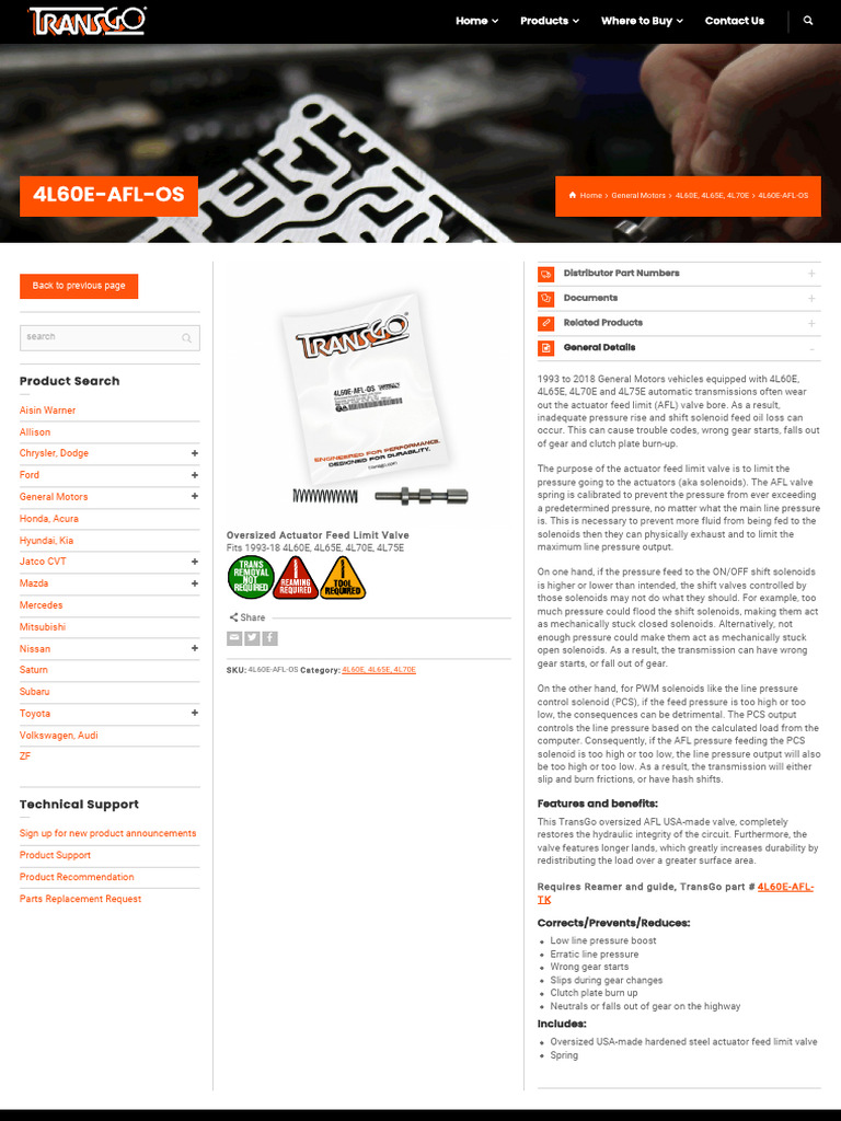 Transgo - 4l60e-Afl-Os - Oversized Actuator Feed Limit Valve | PDF ...