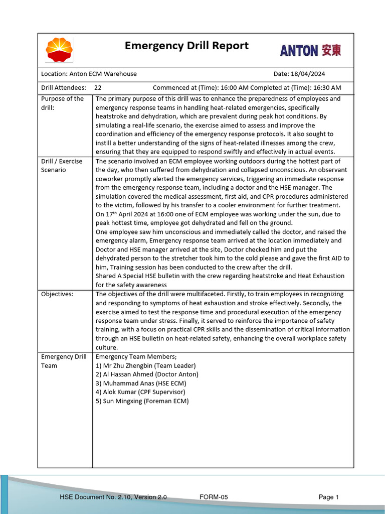 First AID and CPR Emergency Drill Report Anton ECM 17-04-2024 ...